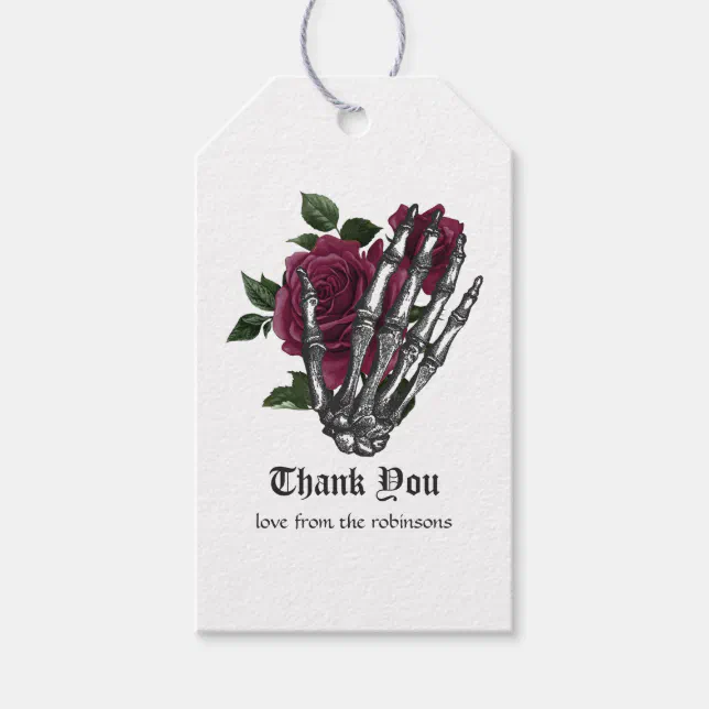 Burgundy Floral Skeleton Hand Gothic Wedding Gift Tags | Zazzle