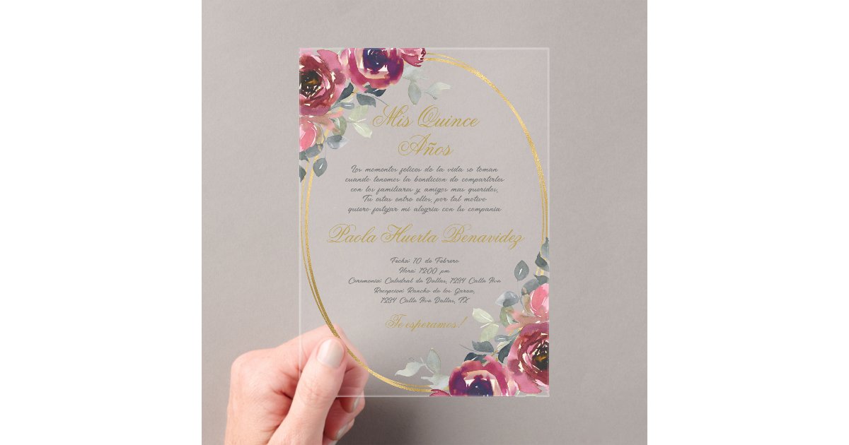 Burgundy floral Spanish Quinceanera Acrylic Invitations | Zazzle