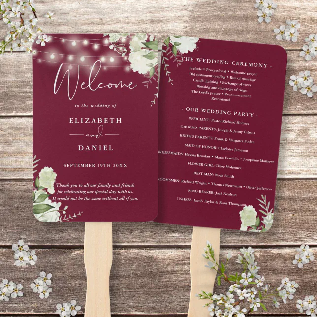 Burgundy Floral String Lights Wedding Program Hand Fan | Zazzle