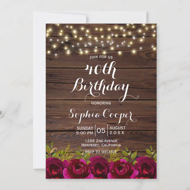 Burgundy Floral String Lights Wood 40th Birthday Invitation | Zazzle