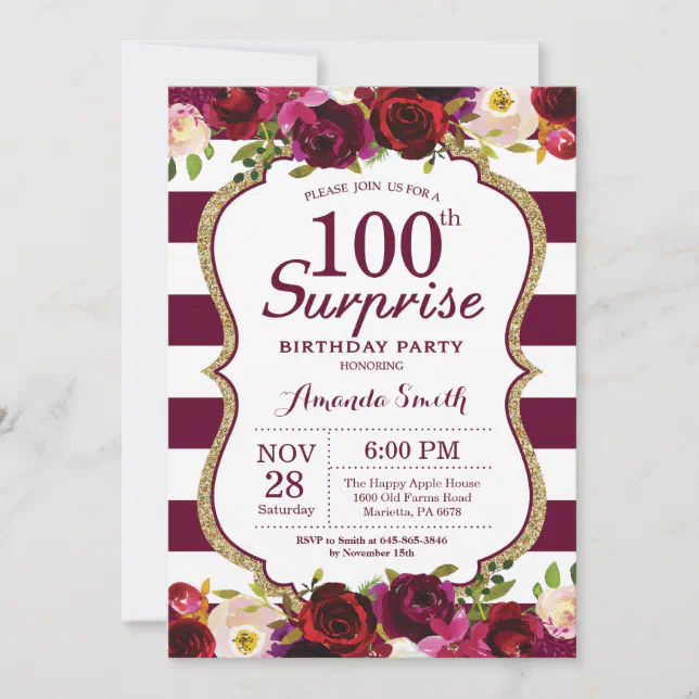Burgundy Floral Surprise 100th Birthday Party Invitation | Zazzle