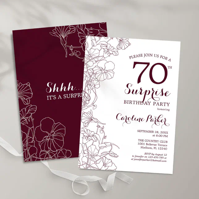 Burgundy Floral Surprise 70th Birthday Party Invitation | Zazzle