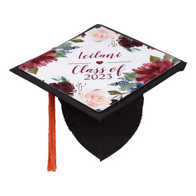 Burgundy Floral Watercolor Class of Graduation Cap Topper | Zazzle
