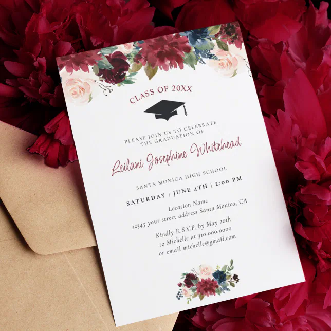 Burgundy Floral Watercolor Graduation Party Invitation | Zazzle