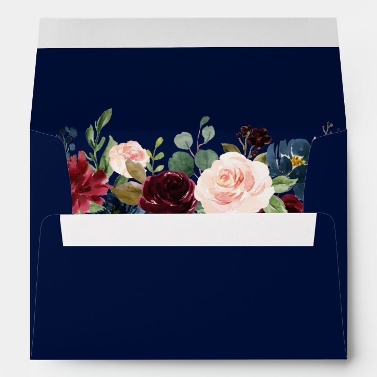 Burgundy Floral Wedding Blue Invitation Envelope | Zazzle