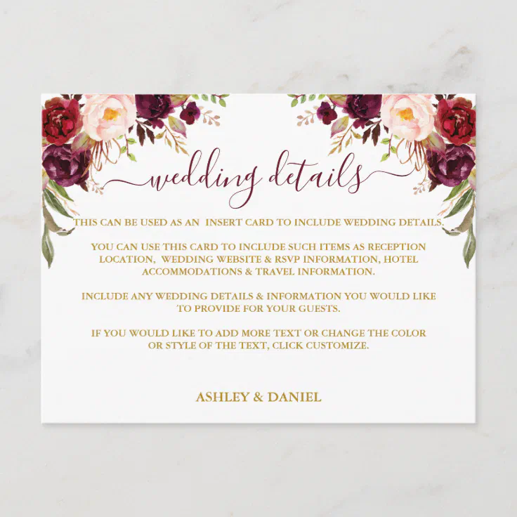 Burgundy Floral Wedding Details Gold Insert Card | Zazzle