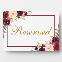 Burgundy Floral Wedding Gold Reserved 5x7 Table Plaque | Zazzle