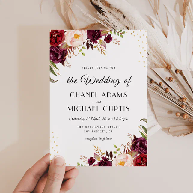 burgundy floral wedding invitation | Zazzle