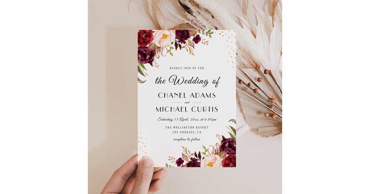burgundy floral wedding invitation | Zazzle