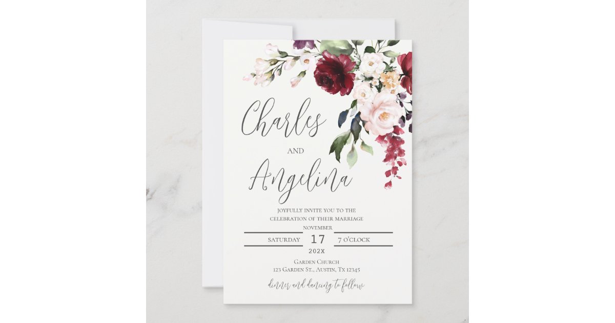 Burgundy Floral Wedding Invitation | Zazzle