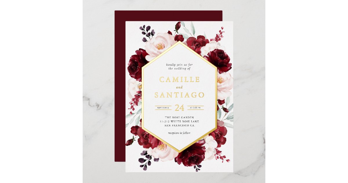 Burgundy Floral Wedding Invitation Foil Invitation | Zazzle