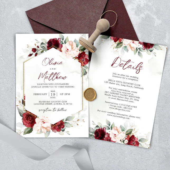 Burgundy Floral Wedding Invitation with Details | Zazzle
