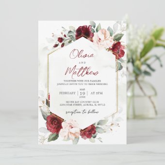 Burgundy Floral Wedding Invitation with Details | Zazzle