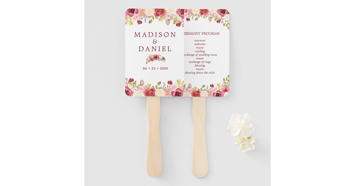 Burgundy Floral Wedding Program Hand Fan | Zazzle