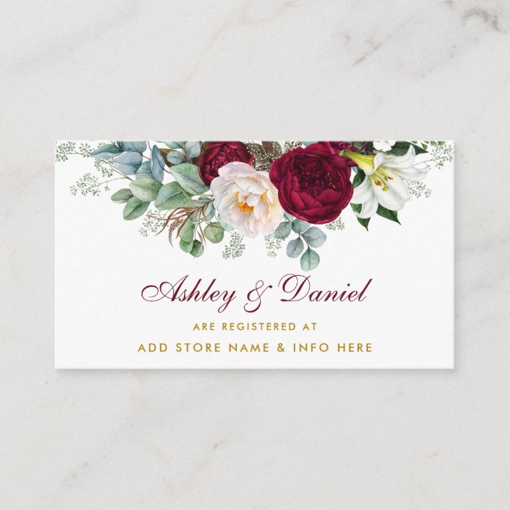 Burgundy Floral Wedding Registry Gold Insert Card | Zazzle