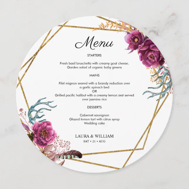 Burgundy Floral Wedding Round Menu For Plate | Zazzle