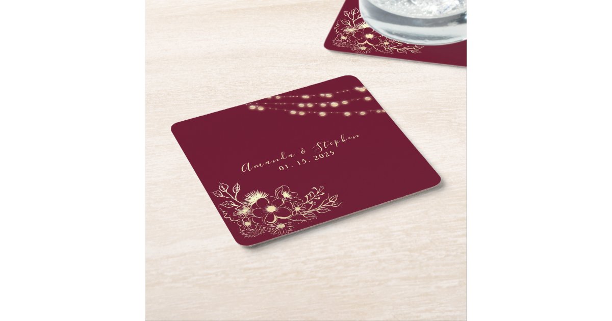 Burgundy Floral Wedding Square Coaster | Zazzle
