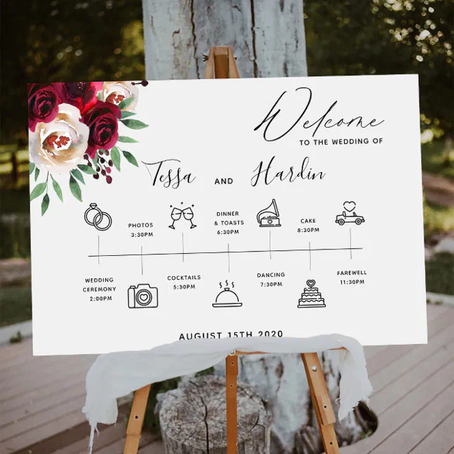 Burgundy Floral Wedding Timeline Welcome Sign | Zazzle