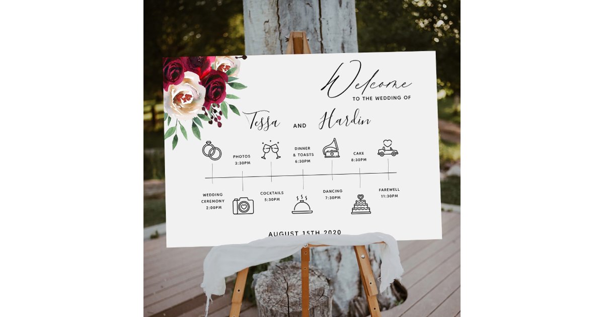 Burgundy Floral Wedding Timeline Welcome Sign | Zazzle