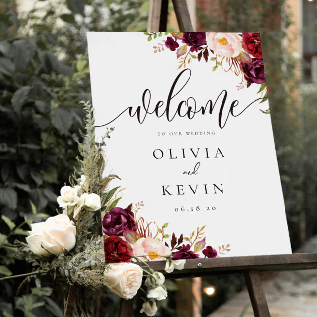 Burgundy Floral Welcome Sign Foam Core Board | Zazzle