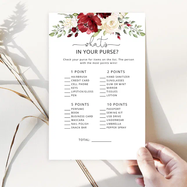 Burgundy floral what's in your purse game | Zazzle