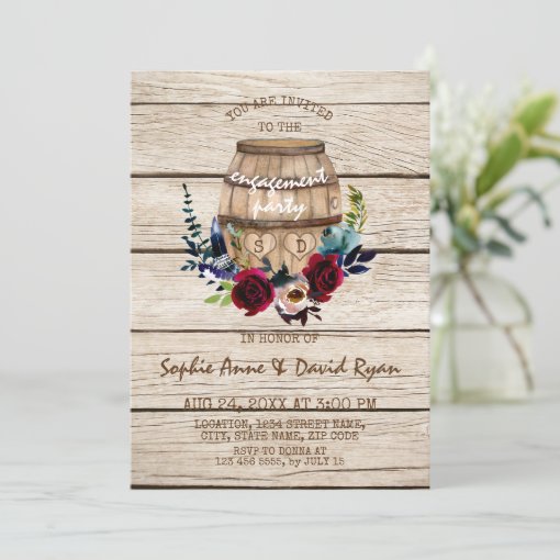 Burgundy Floral Wine Barrel Engagement Party Invitation | Zazzle