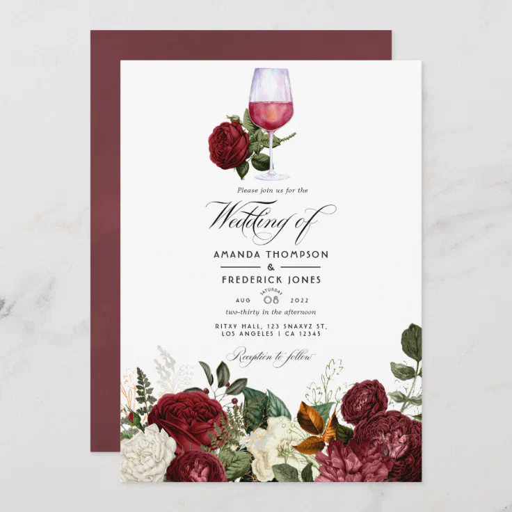 Burgundy Floral Wine Tasting Wedding Photo Invitation | Zazzle