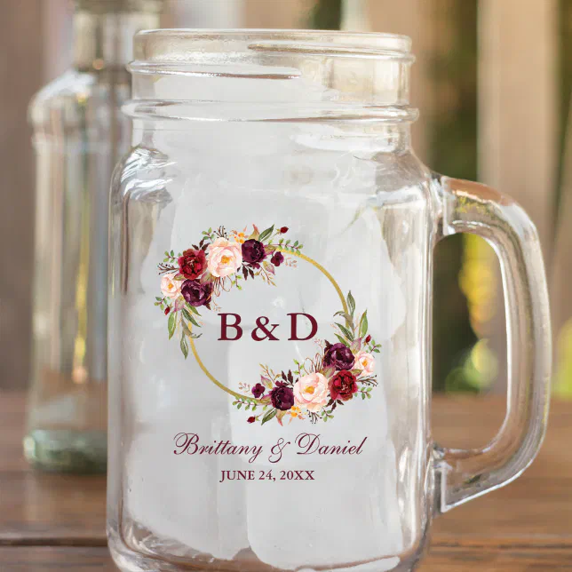 Burgundy Floral Wreath Gold Monogram Wedding HBg Mason Jar | Zazzle