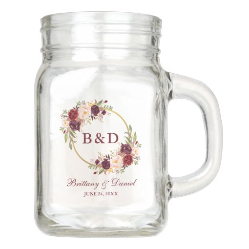 Burgundy Floral Wreath Gold Monogram Wedding HBg Mason Jar | Zazzle
