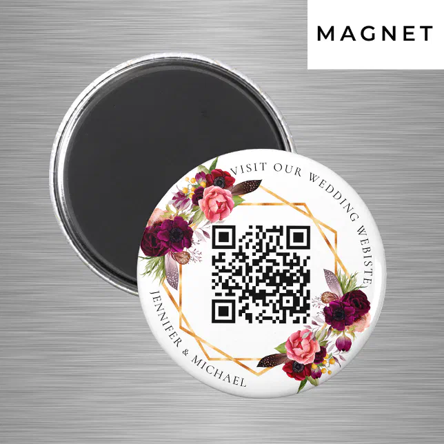 Burgundy florals gold geometric QR code wedding Magnet | Zazzle