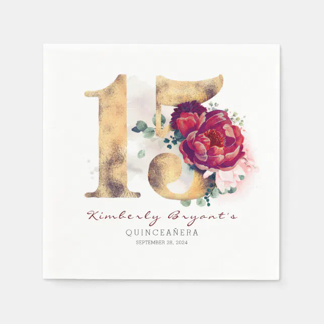 Burgundy Flowers and Gold Typography 15th Birthday Napkins | Zazzle