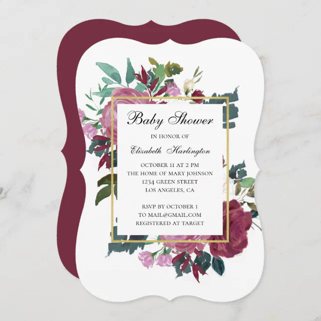 Burgundy flowers baby shower. Maroon invitation | Zazzle