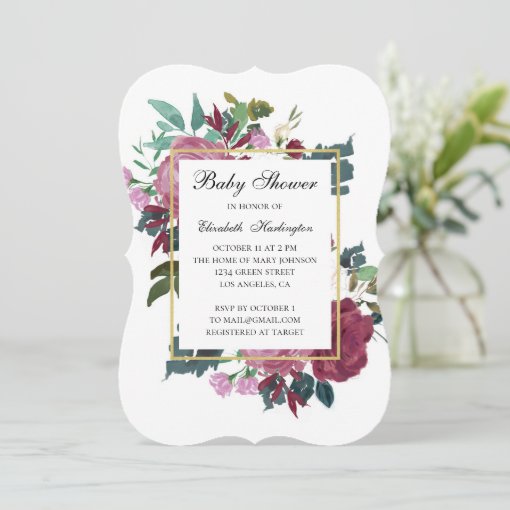 Burgundy flowers baby shower. Maroon invitation | Zazzle