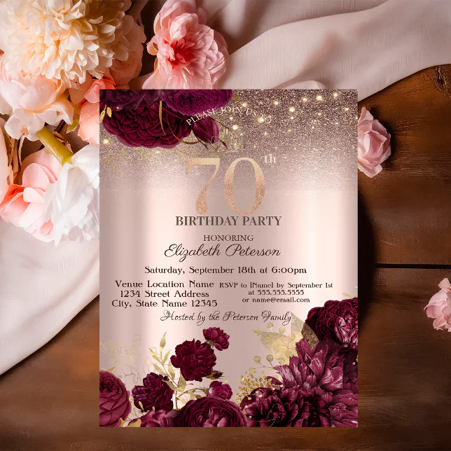 Burgundy Flowers Glitter Rose Gold 70th Birthday Invitation | Zazzle