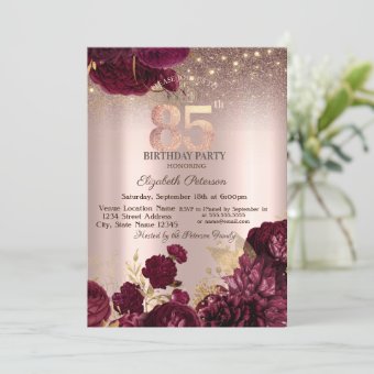 Burgundy Flowers Glitter Rose Gold 85th Birthday Invitation | Zazzle