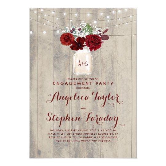 Burgundy Flowers Mason Jar Rustic Engagement Party Invitation | Zazzle.com