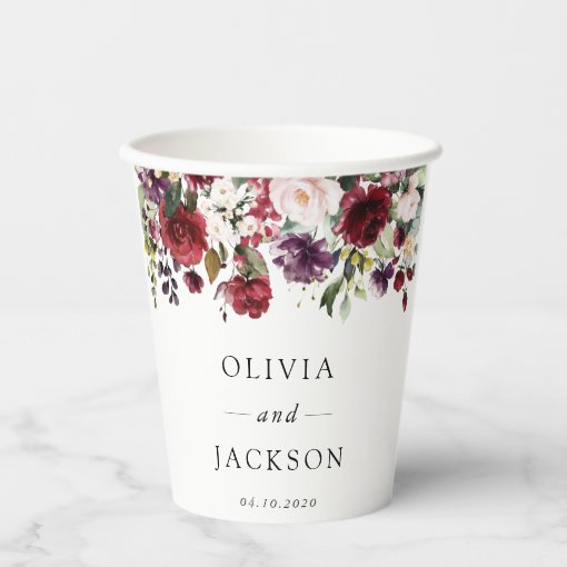 Burgundy Flowers, Pink Flowers, Greenery, Wedding Paper Cups | Zazzle