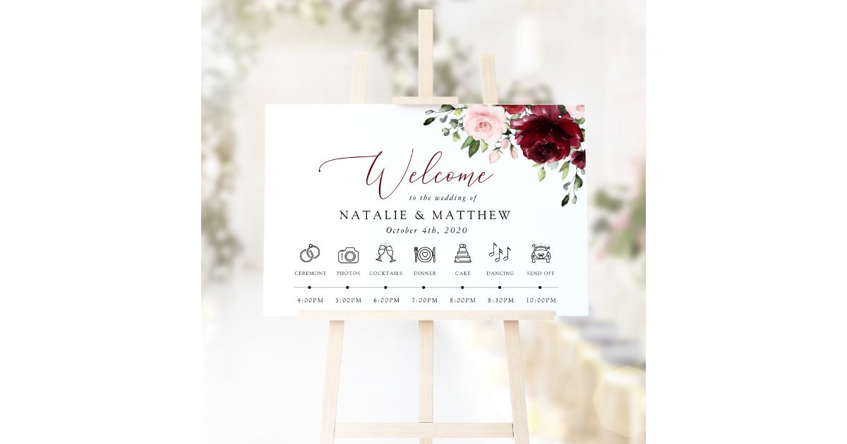 Burgundy Flowers, Pink Flowers, Wedding Timeline Poster | Zazzle