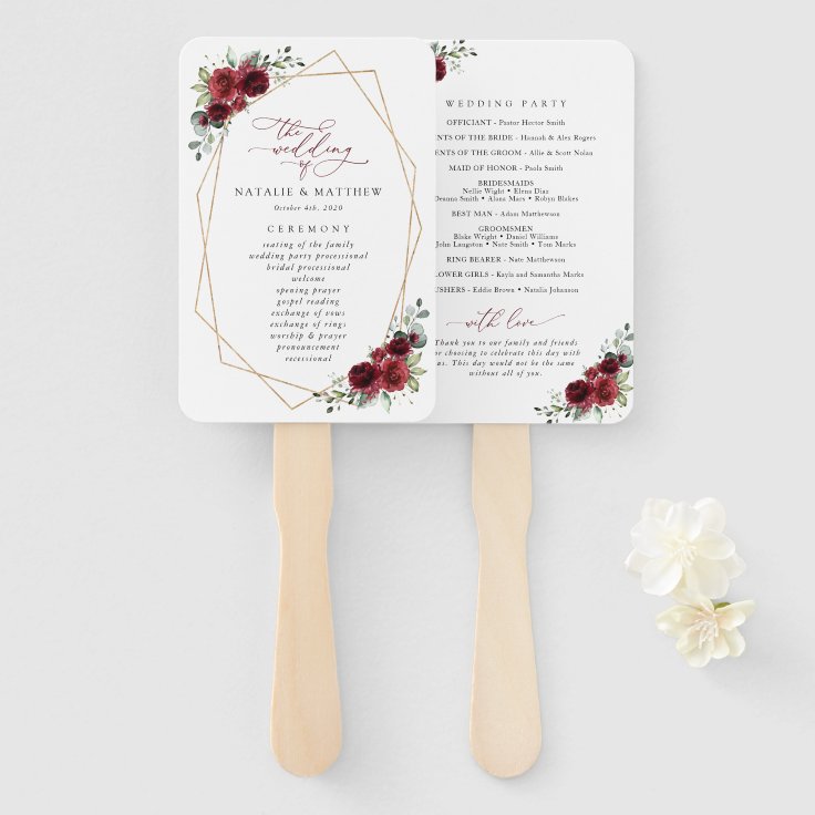 Burgundy Flowers, Red Flowers, Wedding Program Hand Fan | Zazzle