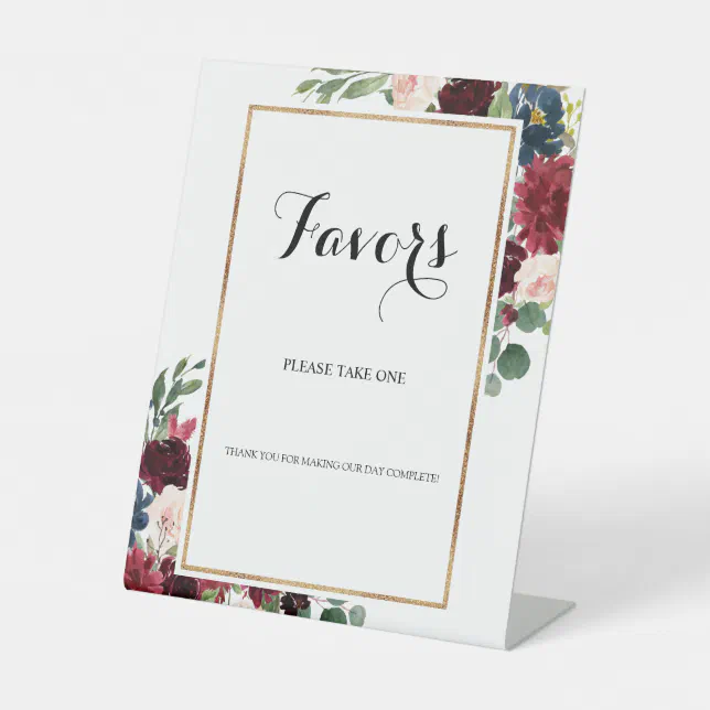 Burgundy Flowers Wedding Favor Please Take One Pedestal Sign | Zazzle