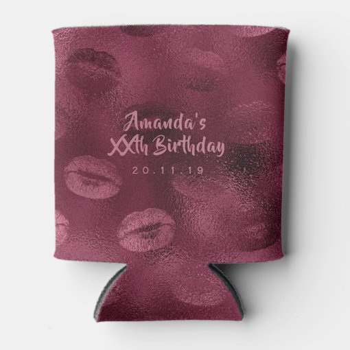 Burgundy Glam Foil Glitter Lips Can Cooler | Zazzle