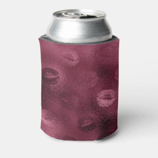 Burgundy Glam Foil Glitter Lips Can Cooler | Zazzle