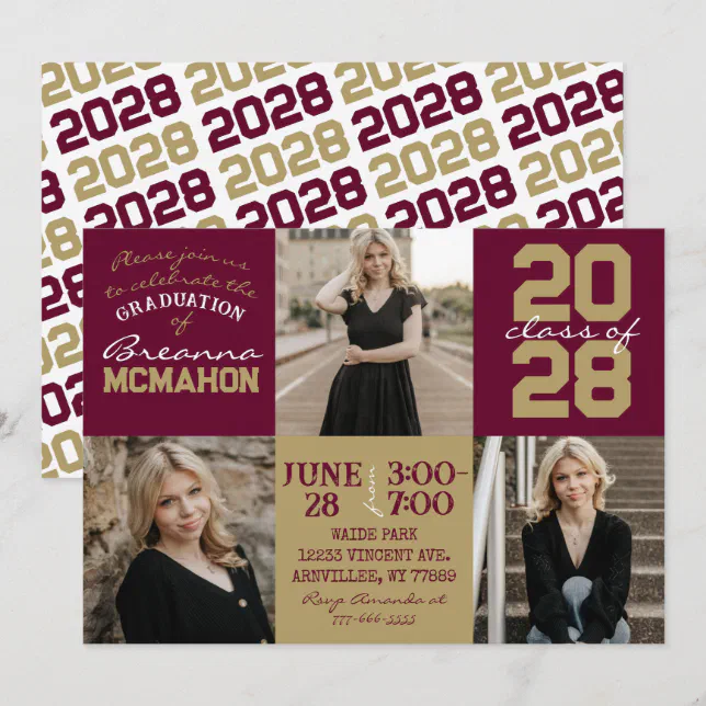 Burgundy & Gold 3 Photo Graduation Invitation | Zazzle