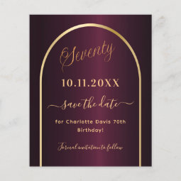 Burgundy gold 70th birthday save the date card | Zazzle