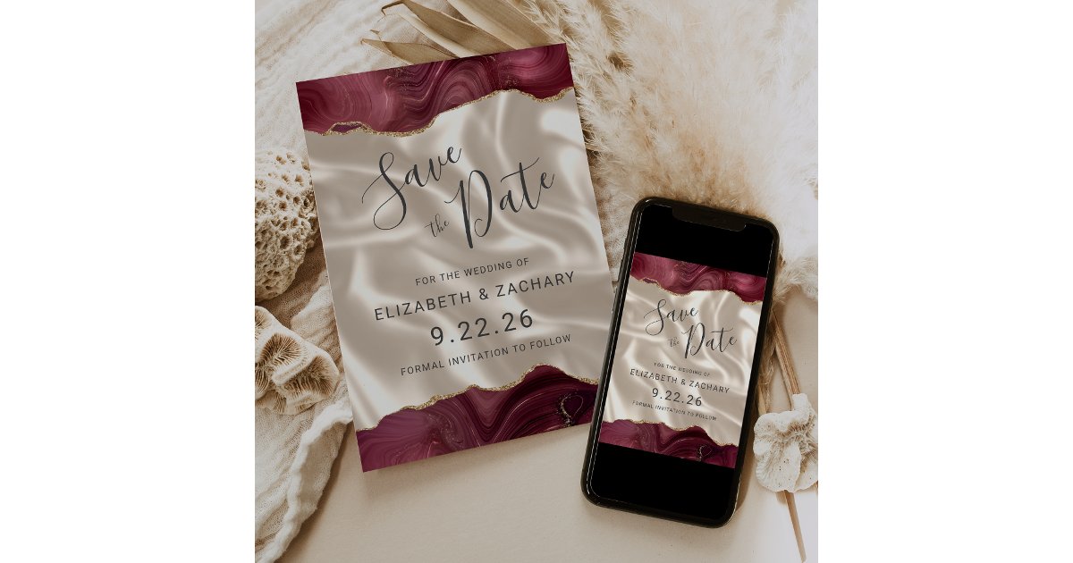 Burgundy Gold Agate Ivory Silk Save the Date | Zazzle