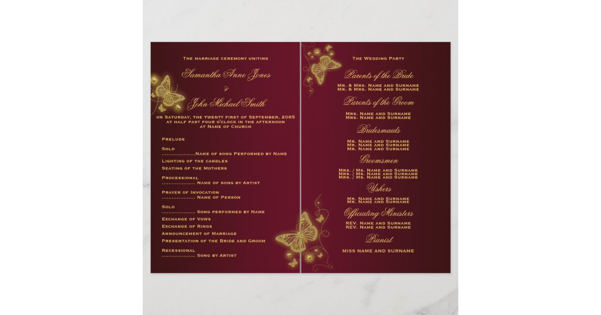 Burgundy gold butterfly wedding program | Zazzle