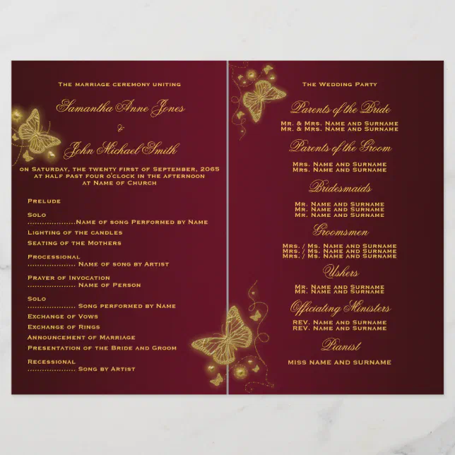 Burgundy gold butterfly wedding program | Zazzle