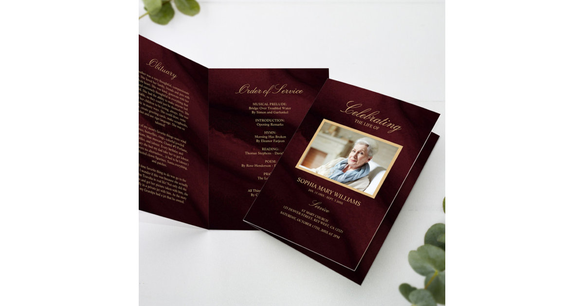 Burgundy & Gold Calligraphy Memorial Program | Zazzle
