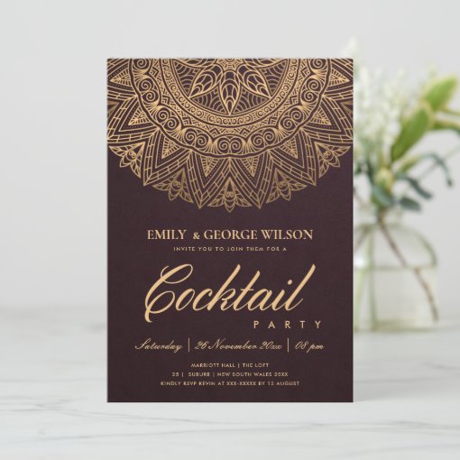 BURGUNDY GOLD CLASSY ORNATE MANDALA COCKTAIL PARTY INVITATION | Zazzle