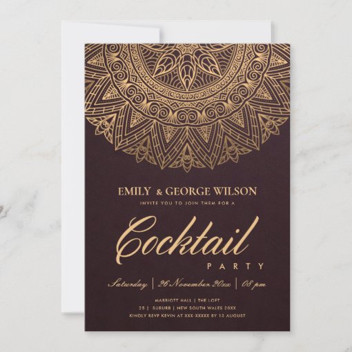 BURGUNDY GOLD CLASSY ORNATE MANDALA COCKTAIL PARTY INVITATION | Zazzle